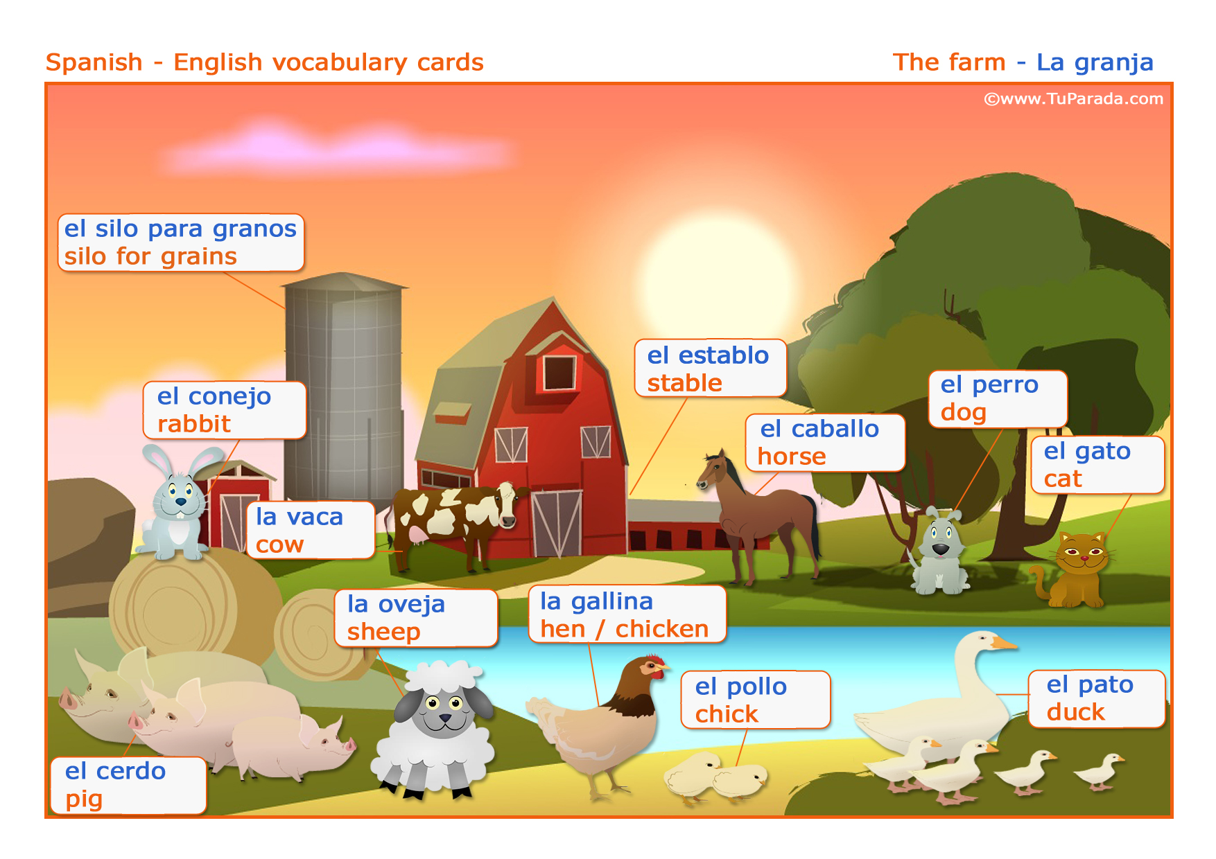 Vocabulario español - inglés: la granja, the farm., Vocabulario español ...