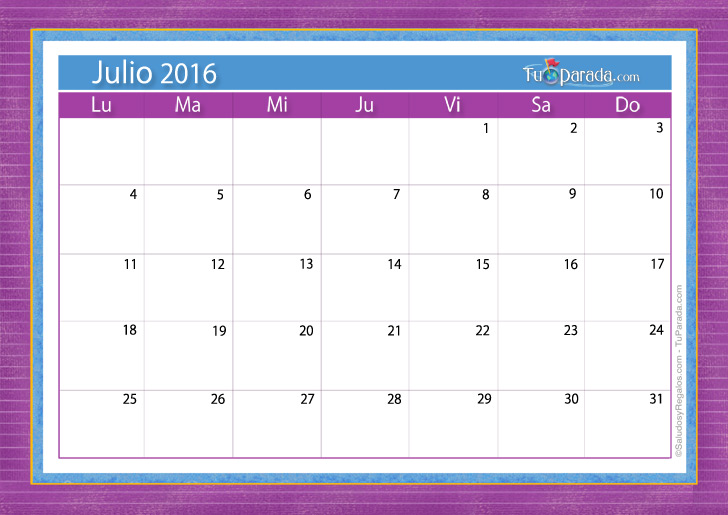 Calendario julio 2016, Calendarios Mensuales, tarjetas